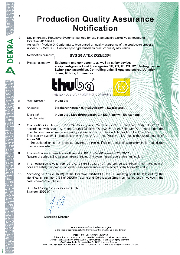 DEKRA certificate BVS 20 ATEX ZQS/E364 | thuba Ltd.